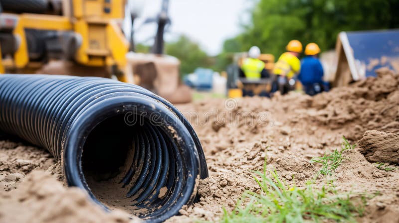 Corrugated Drainage Pipe Lying on Sand at Construction Site Stock ...