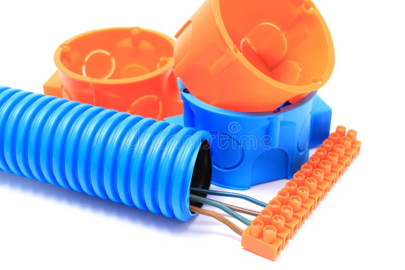 Corrugated Pipe, Electrical Box, Cable with Connection Block Stock ...