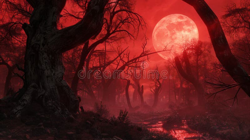 Corrupt Black Magic Forest, Dead, Trees, Red, Red Sky, Atmosphere Stock ...