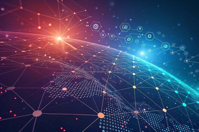 Corrupted Network Abstract Background with Glowing Particles and ...