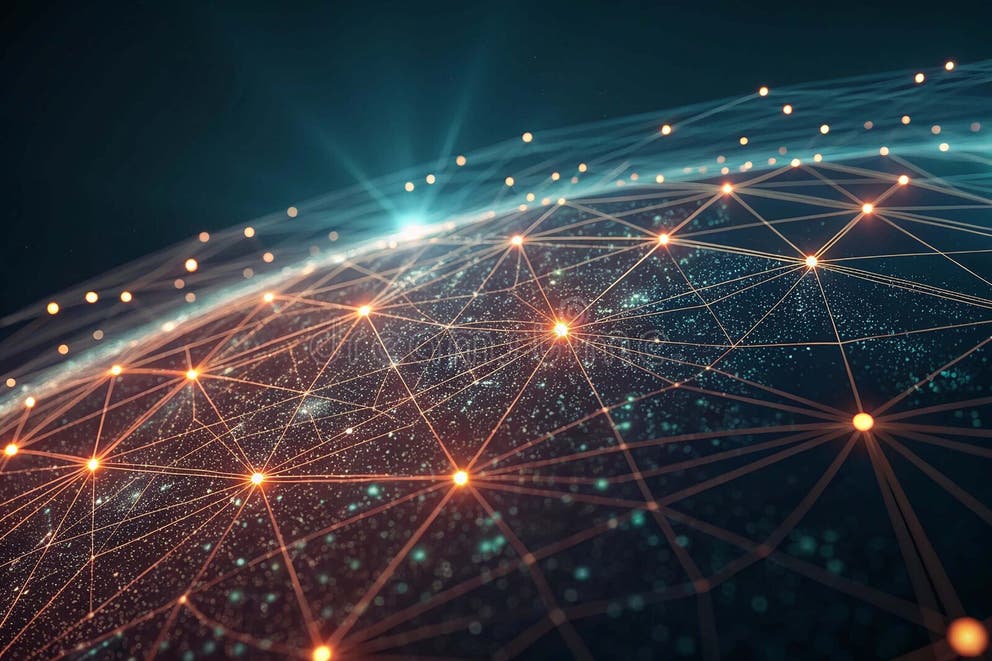 Corrupted Network Abstract Background with Glowing Particles and ...