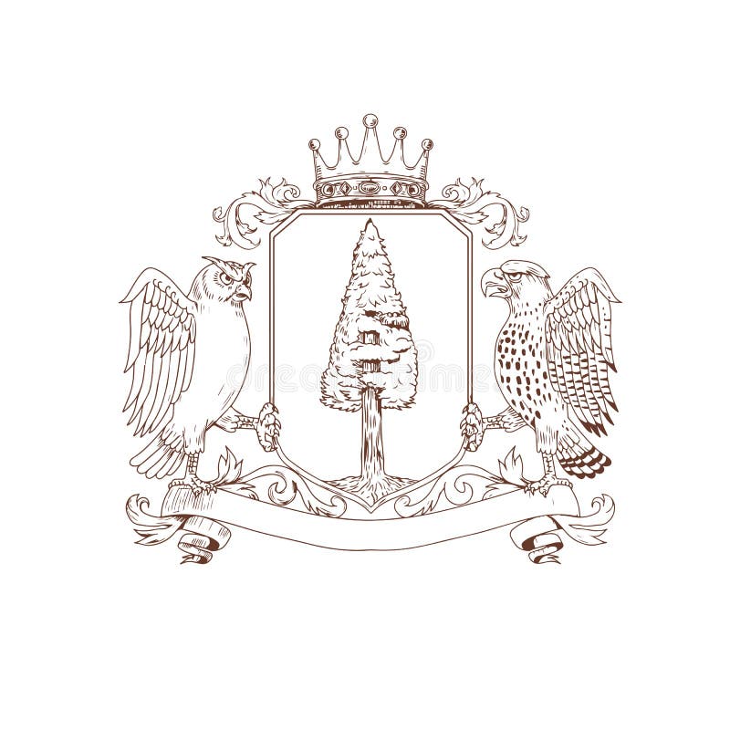 Coruja E Hawk Redwood Crown Crest Drawing Ilustração do Vetor ...
