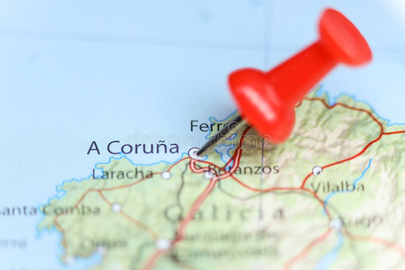 A Coruna, Spain pin on map stock image. Image of atlas - 346781397