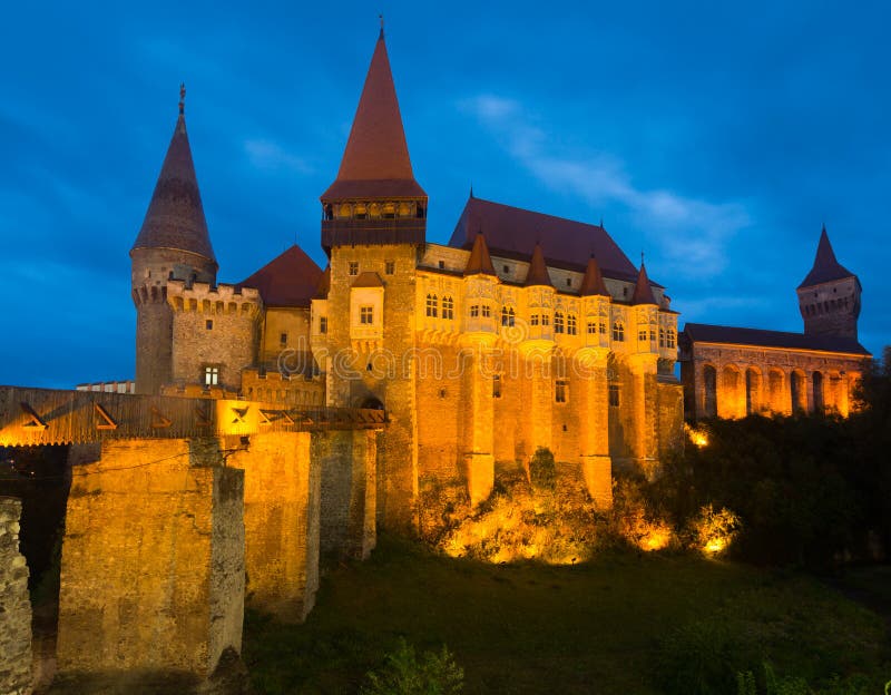 Corvin Castle is on the Green Mountain in Night Stock Image - Image of ...