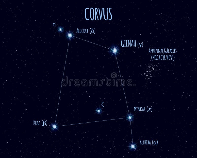 Corvus Constellation, Vector Illustration with the Names of Basic Stars ...