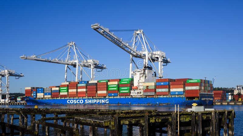 Cosco Jeddah Panamax Container Ship at the Port of Seattle with Cranes ...