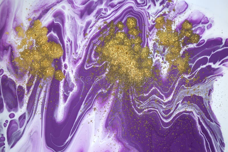 Cose Up Gold Glitter on Liquid Mixed Purple Inks Background. Stock ...