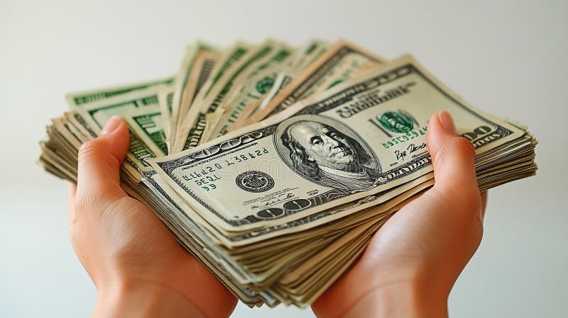 Cose-up of Hands Holding Stack of Cash Bills, Representing Wealth or ...