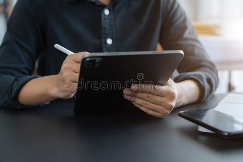 Cose Up Hands Multitasking Man Using Tablet, Laptop and Cellphone ...