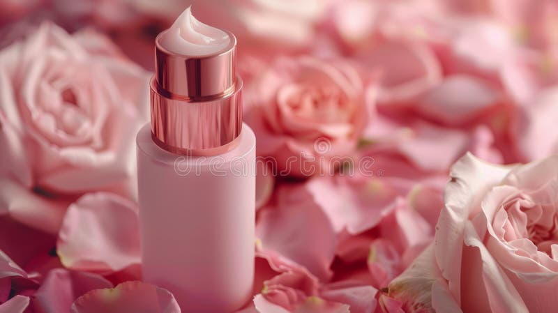 Cosmetic Bottle on Pink Rose Petals Backdrop. Stock Image - Image of ...