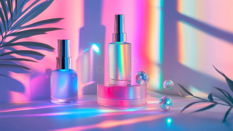 Cosmetic Bottles with Rainbow Light Refraction and Palm Leaves on Shiny ...