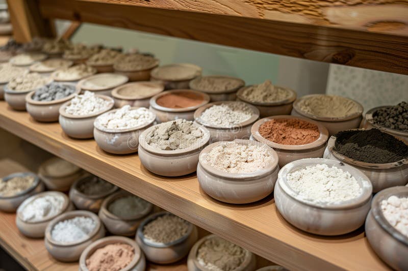 Cosmetic Clay Assortment Display on Wooden Shelf in Spa Stock Image ...