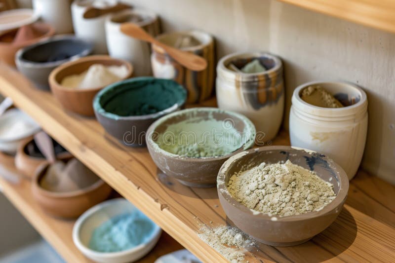 Cosmetic Clay Assortment Display on Wooden Shelf in Spa Stock Image ...