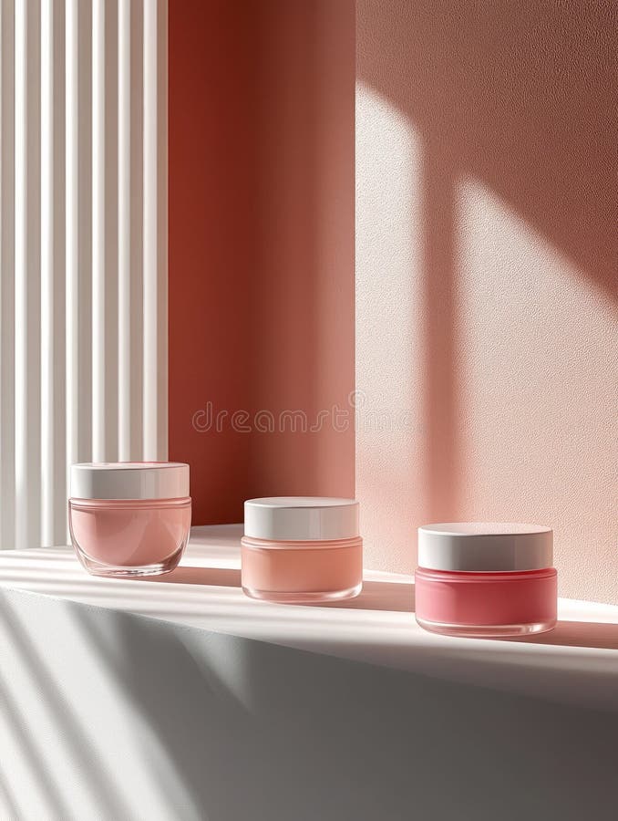 Cosmetic Containers on a Pink Surface with Sunlight. Stock Image ...