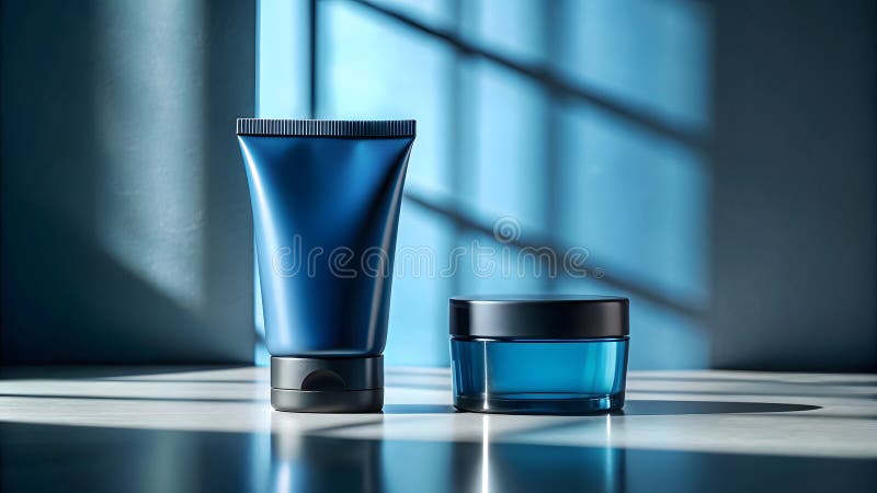 Cosmetic Cream Bottle Mockup on Blue Background. 3D Rendering Stock ...