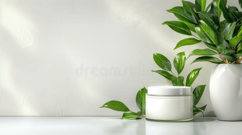 A Cosmetic Cream Container beside Lush Green Potted Plants. Stock Image ...