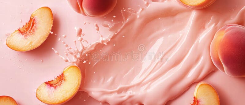 Cosmetic Cream Splash Surrounded by Fresh Peach Slices on Soft Peach ...