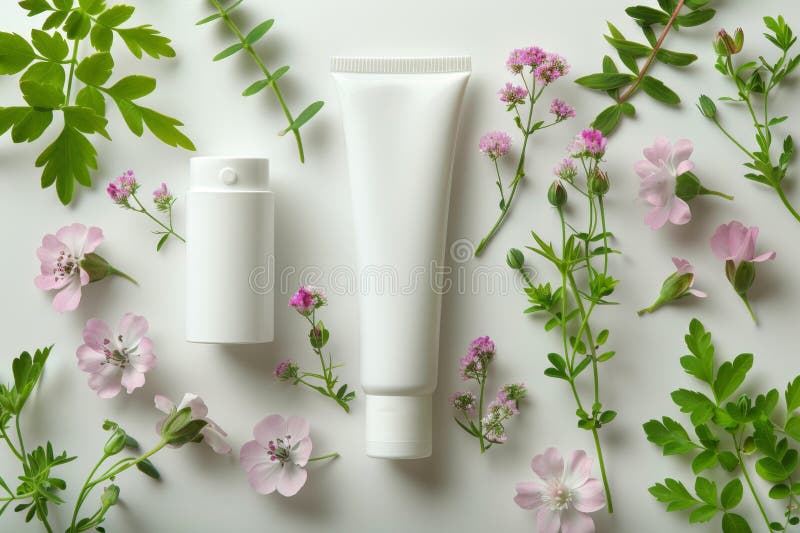 Cosmetic Cream in White Packaging with Flowers on White. Stock Photo ...