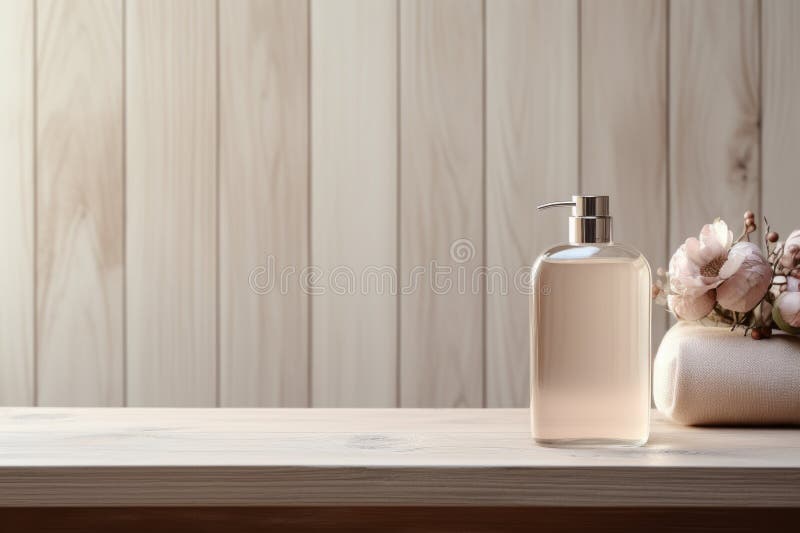Cosmetic Display on Wooden Counter Table with Leaf Shadow and White ...