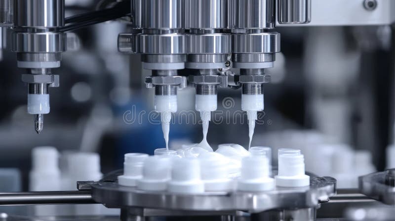 Cosmetic Filling Machine Nozzles Dispense Cream into Tubes, Industrial ...