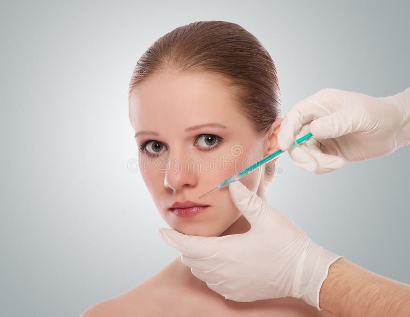 Cosmetic Injection Of Botox On Female Face Stock Image - Image of hand ...