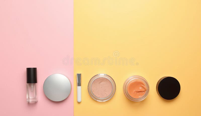 Cosmetic Items on Color-Blocked Background. Generative AI Stock ...