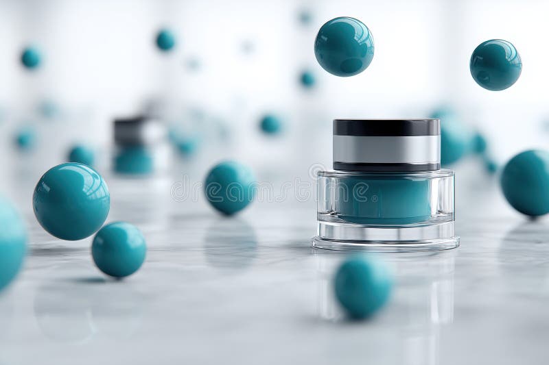 Cosmetic Jar with Floating Spheres. Modern Skincare Product ...