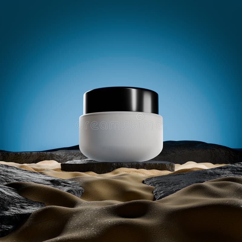 Cosmetic Jar Rests on Textured Black Rocks, Surrounded by Soft Sand ...
