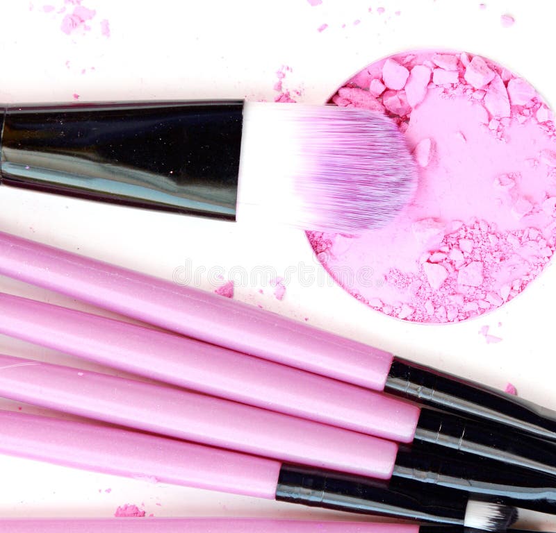 Cosmetic Powder Brush Circle Box and Crushed Blush Palette on White ...