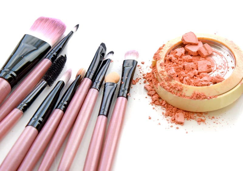 Cosmetic Powder Brush Circle Box and Crushed Blush Palette on White ...