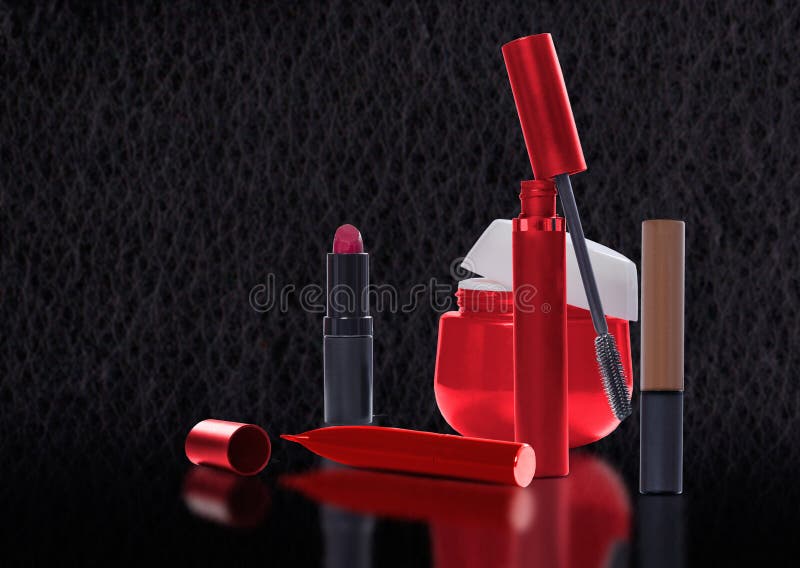 Cosmetic Products in Red Tones Stock Image - Image of industry, poudre ...