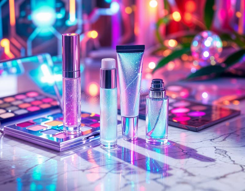 Cosmetic Set on the Table with Bokeh Lights Background. Glowing Makeup ...