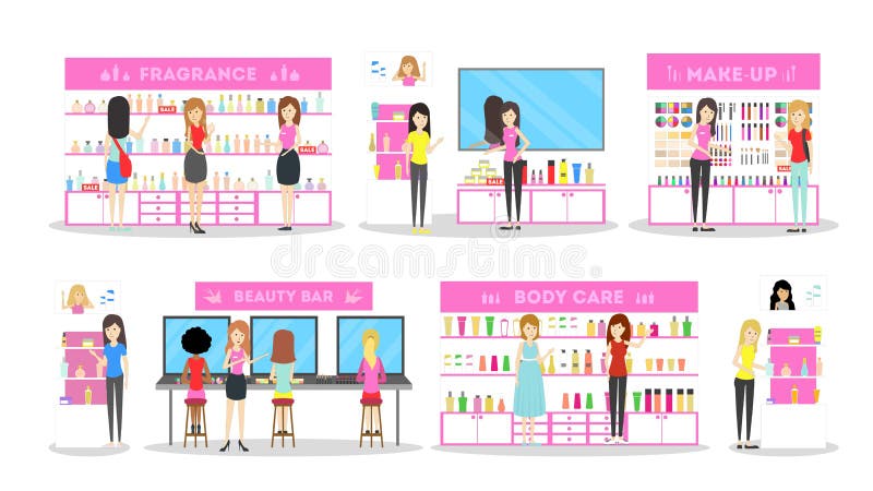 Cosmetic Store Interior Set. Stock Vector - Illustration of makeup ...
