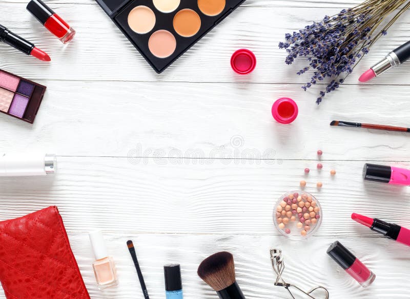 Cosmetic on White Table with Lavender Top View, Mock-up Stock Photo ...