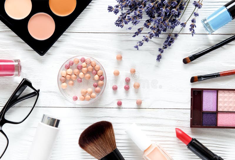 Cosmetic on White Table with Lavender Top View Stock Image - Image of ...