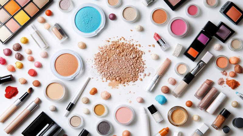 Cosmetics Collection with Various Makeup Products and Tools Stock Photo ...