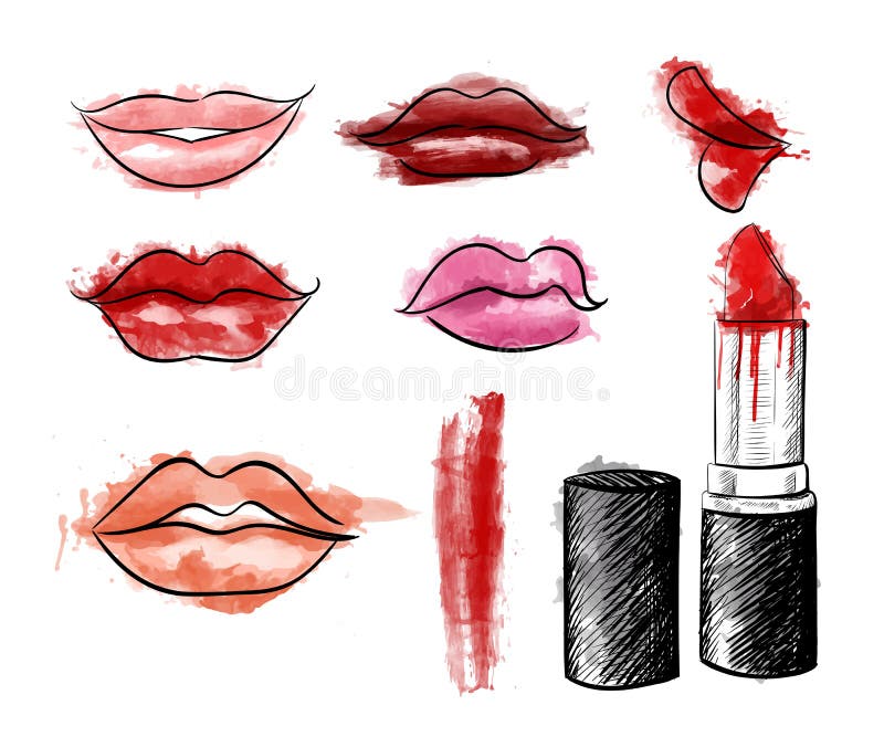 Cosmetics Collection Vector Fashion Set Hand Drawn Graphic Lips