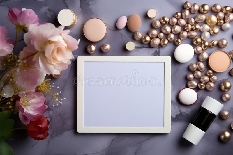 Cosmetics Encircle a Tablet with a Pristine White Screen, Beauty Tech ...