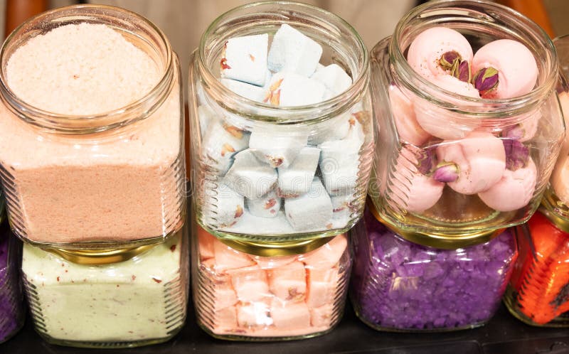 Cosmetics for Face and Body in Glass Mistached Jars Stock Image - Image ...