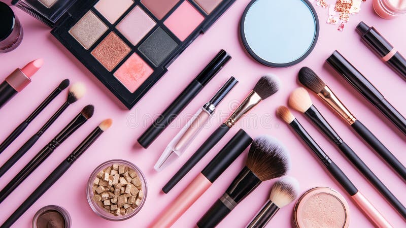 Cosmetics are Laid Out on a Pink Background in a Geometric Style. Stock ...