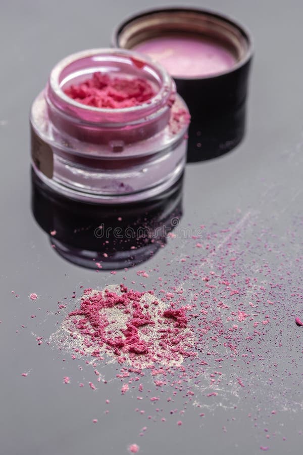 Cosmetics. Makeup. Jar with Shadows, Crumbly Glitter, Rouge. Closeup ...