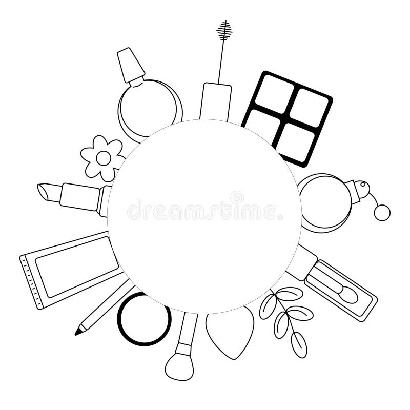 Cosmetics Makeup Tools Circle Round Frame Template. Vector Graphic Line ...