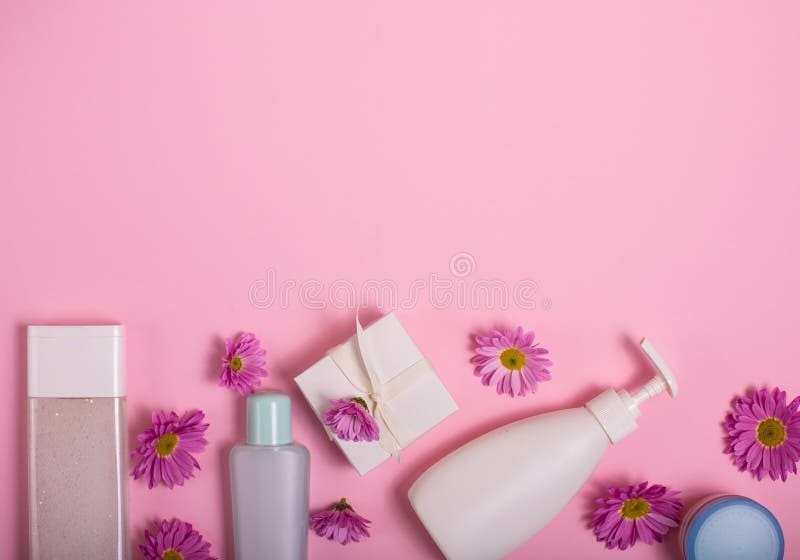 Cosmetics on a Pink Background Stock Photo - Image of cream, care ...