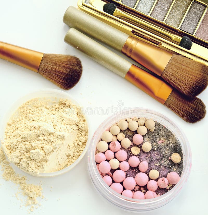 Cosmetics Set with Powder and Make Up Brushes. Stock Photo - Image of ...