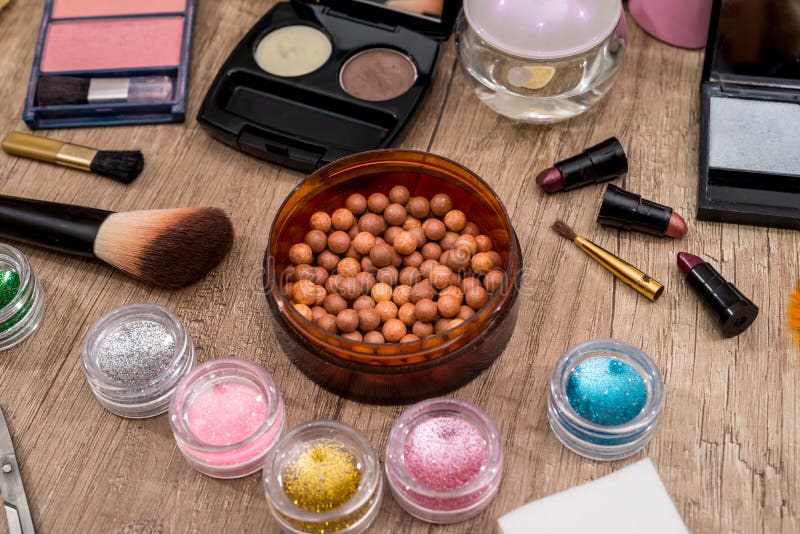 Cosmetics Set on Wooden Table Stock Photo - Image of pink, accessories ...