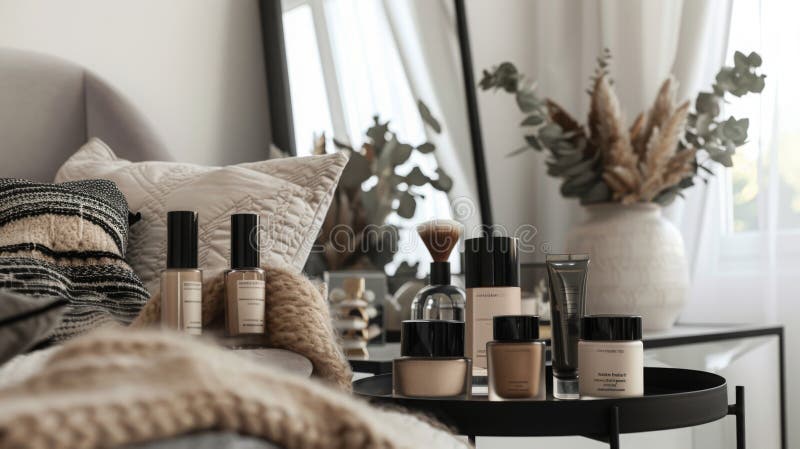 Cosmetics on a Side Table in a Bedroom Stock Image - Image of brown ...