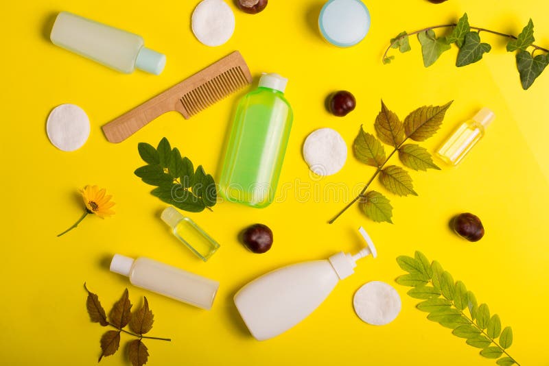 Cosmetics on a Yellow Background Stock Image - Image of body, healthy ...
