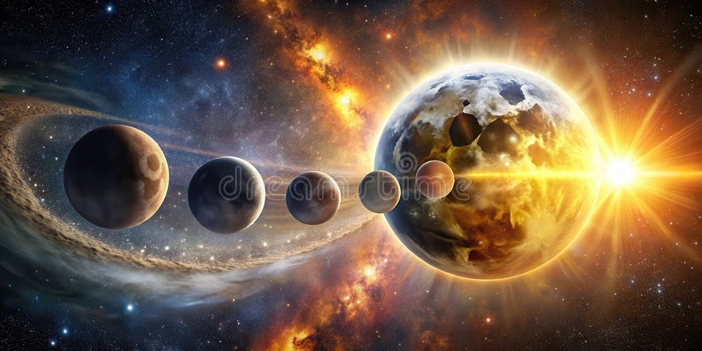 Cosmic Alignment Celestial Bodies Orbiting a Radiant Star in a Dusty ...