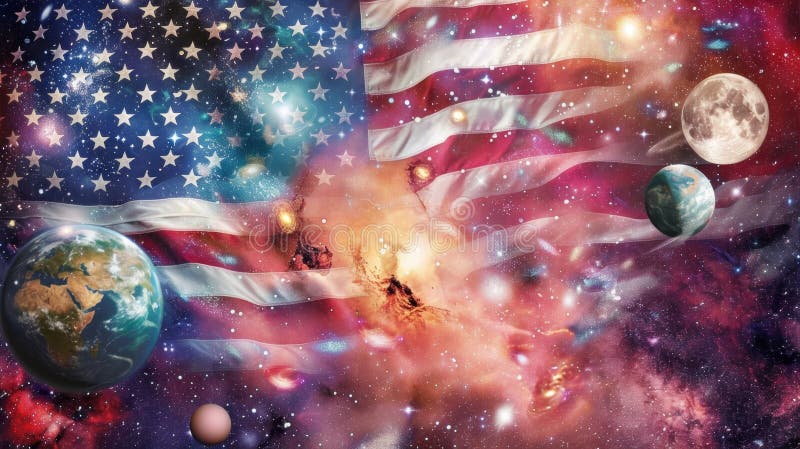 Cosmic American Flag with Planets and Nebulae in Space Stock Photo ...