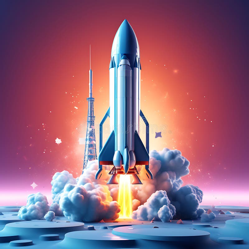 Cosmic Ascent: 3D Render of a Rocket Launch in a Blue Background â ...